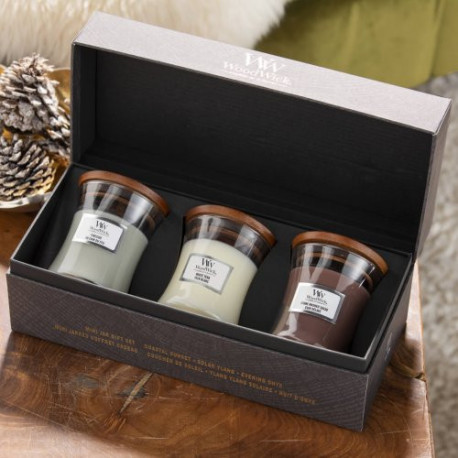 WoodWick Mini Core Fireside, White teak, Stone Washed Suede Gift Set 3 ...